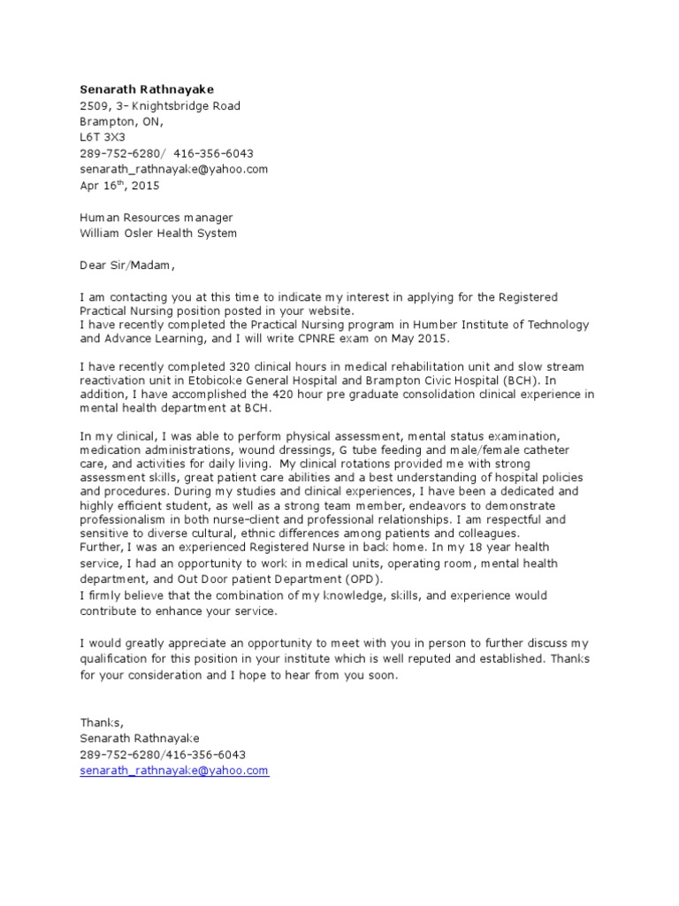 RPN Cover Letter | PDF | Nursing | Hospital