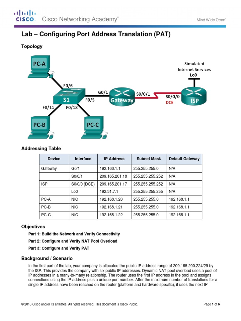 5.2.3.7 Lab - Configuring Port Address Translation (PAT) | PDF | Ip ...