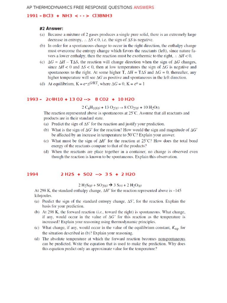 AP Thermodynamics Free Response Questions Answers | PDF | Teaching ...