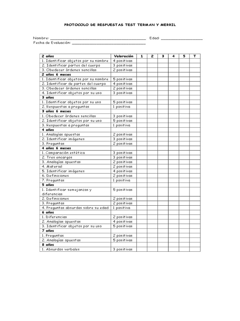 Protocolo de Respuestas Test Terman y Merril | PDF