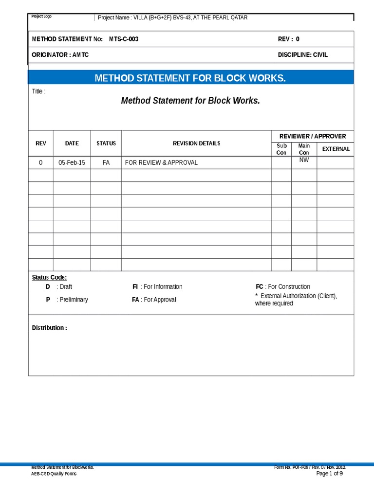 243-Method Statement for Block WOrksrev1 | Masonry | Mortar (Masonry ...