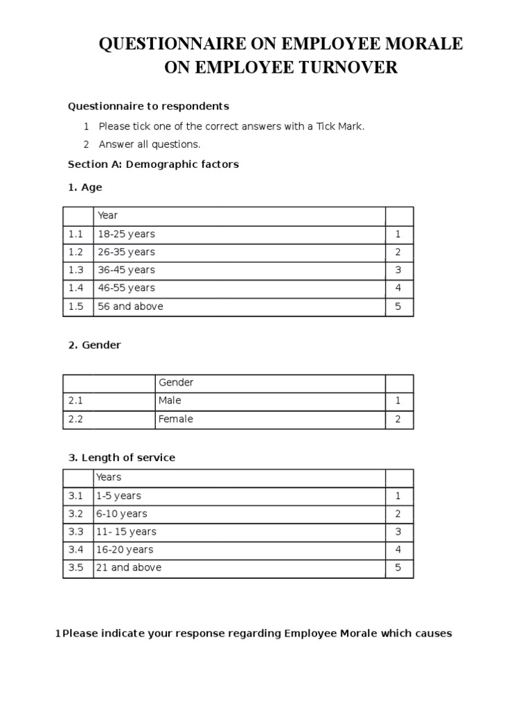 Questionnaire On Employee Morale On Employee Turnover | PDF | Turnover ...