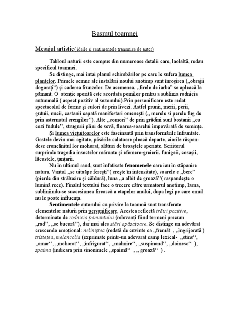 Basmul Toamnei Explicarea Titlului Si Mesajul Artistic | PDF