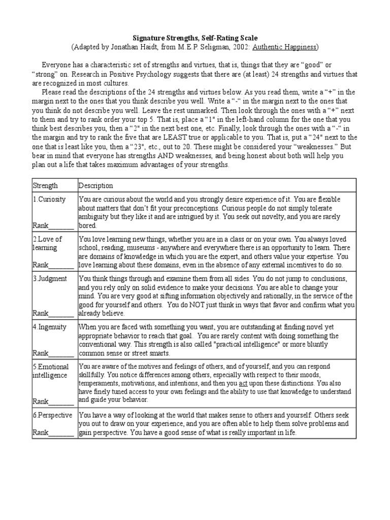 Signature Strengths Self-Rating Guide | PDF | Curiosity | Motivation