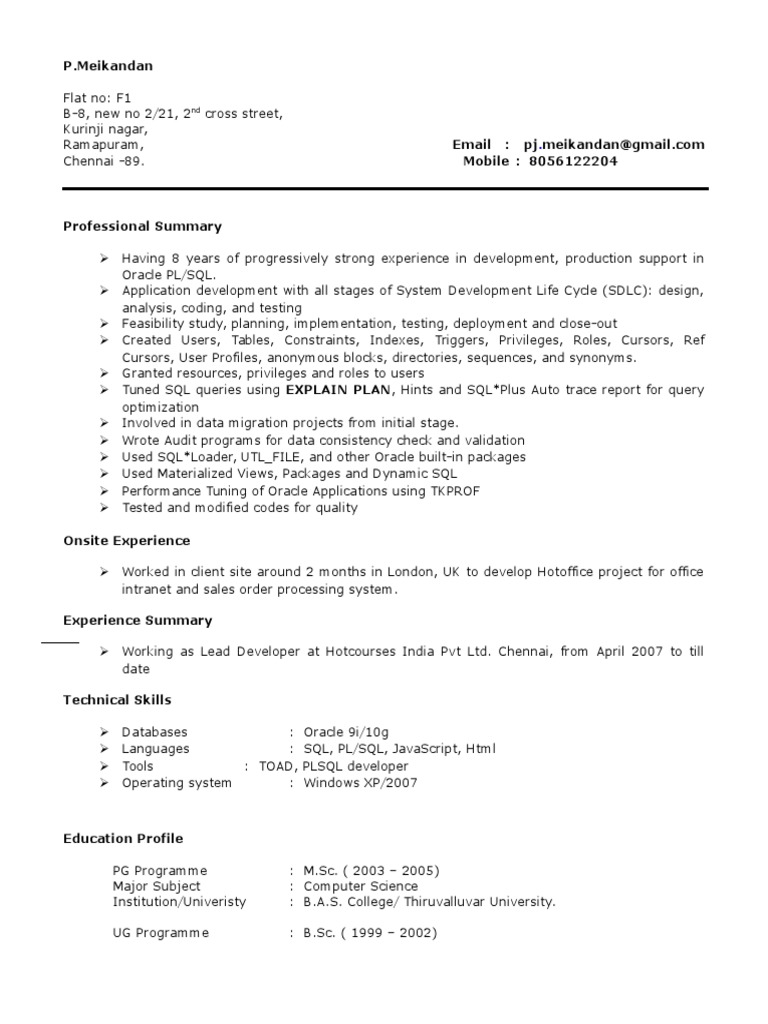 Meikandan Resume | PDF | Pl/Sql | Sql