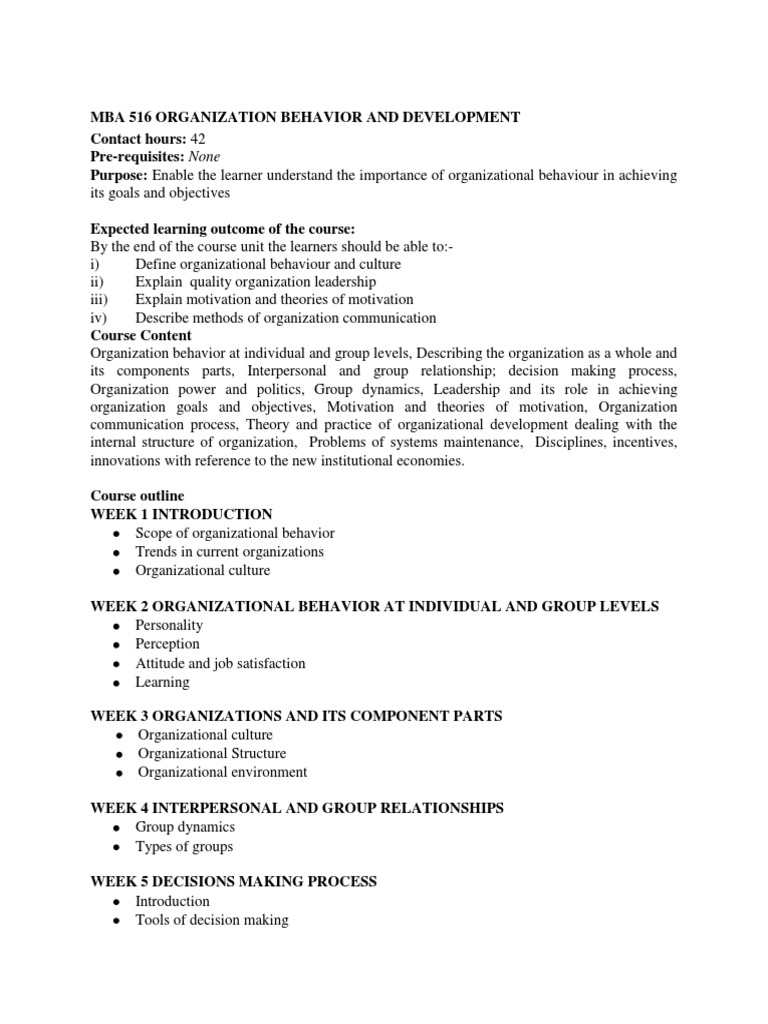 MBA 516: Organizational Behavior Course | PDF | Organizational Behavior ...