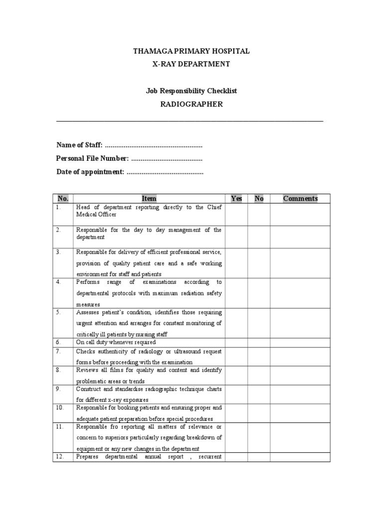 Job Responsibility Checklist- Radiogrpher | Radiation Protection | Hospital