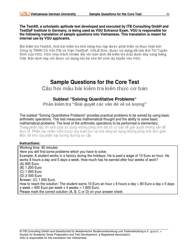 (Tài liệu ôn thi TestAS) Core Test Sample Questions | PDF