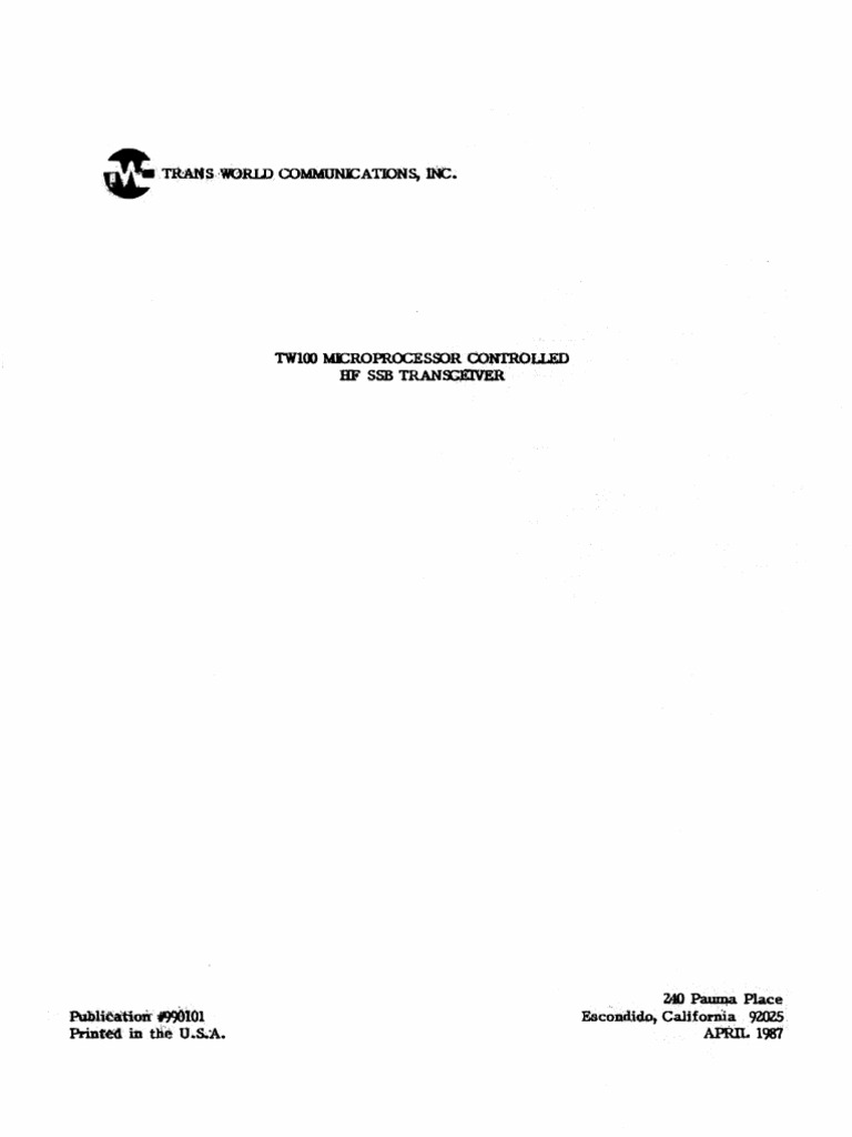 Transworld TW100 HF SSB Transceiver - Service Manual 1987 | PDF