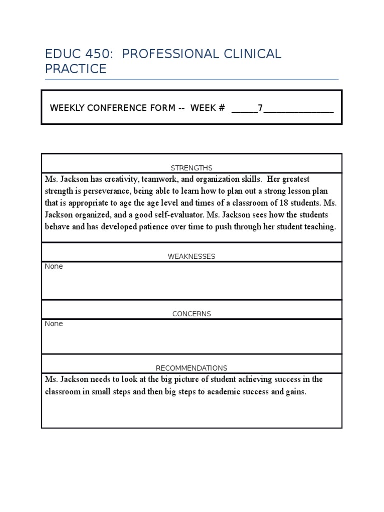 Weekly Conference Form for Educator Evaluation | PDF