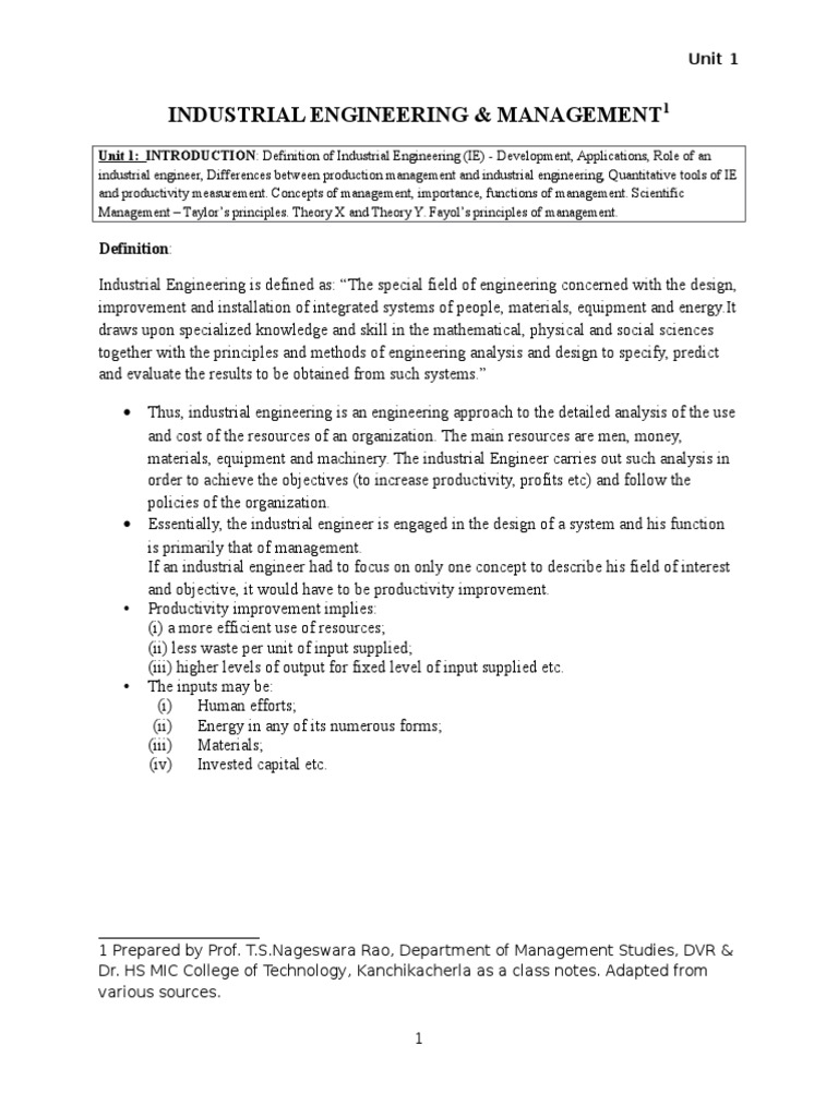 IEM Notes Unit 1 | PDF | Industrial Engineering | Engineering