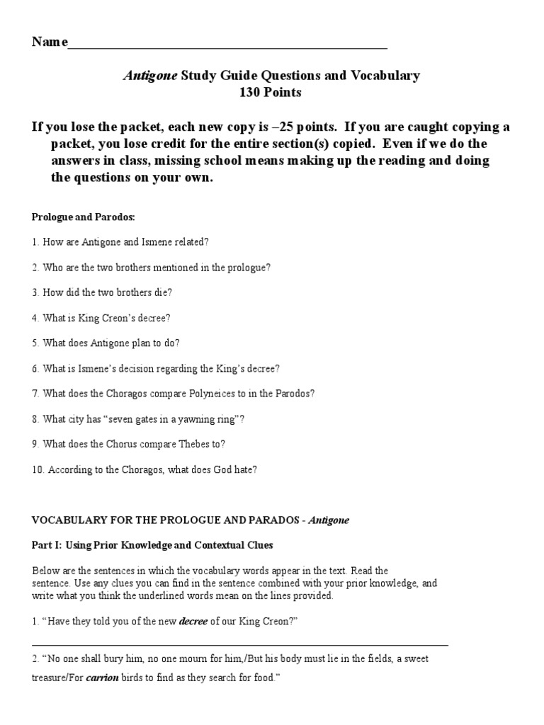 Antigone Study Guide Questions An Vocabulary | PDF | Religion And Belief