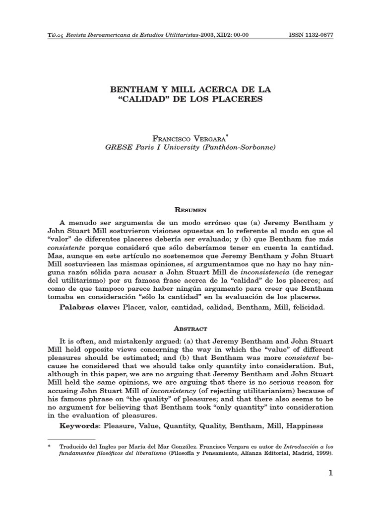 Bentham y Mill: Calidad de Placeres | PDF | John Stuart Mill | Comillas