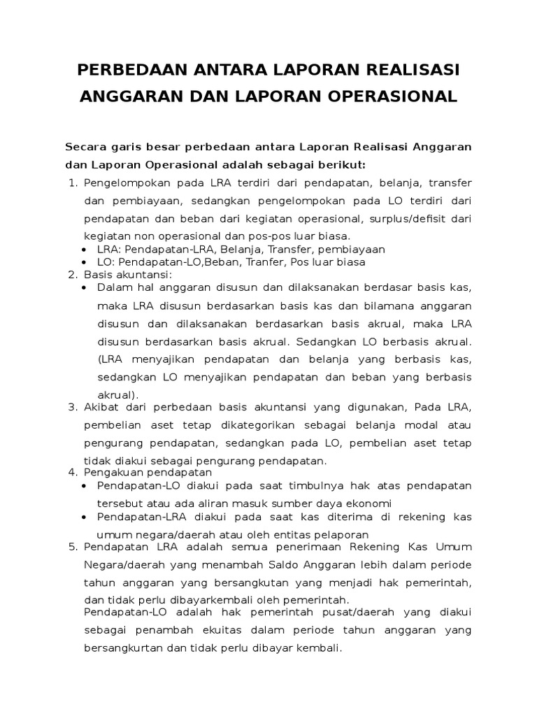 Perbedaan LRA Dengan LO | PDF | Bisnis | Pengelolaan Keuangan & Uang