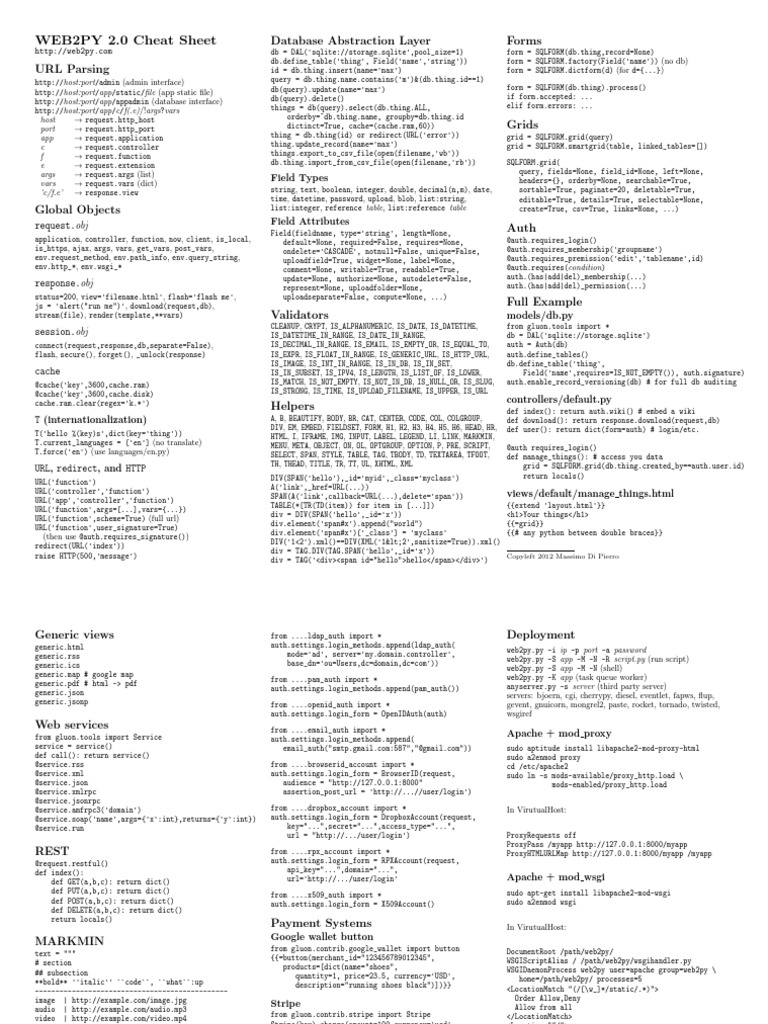 WEB2PY 2.0 Cheat Sheet: Database Abstraction Layer Forms | PDF