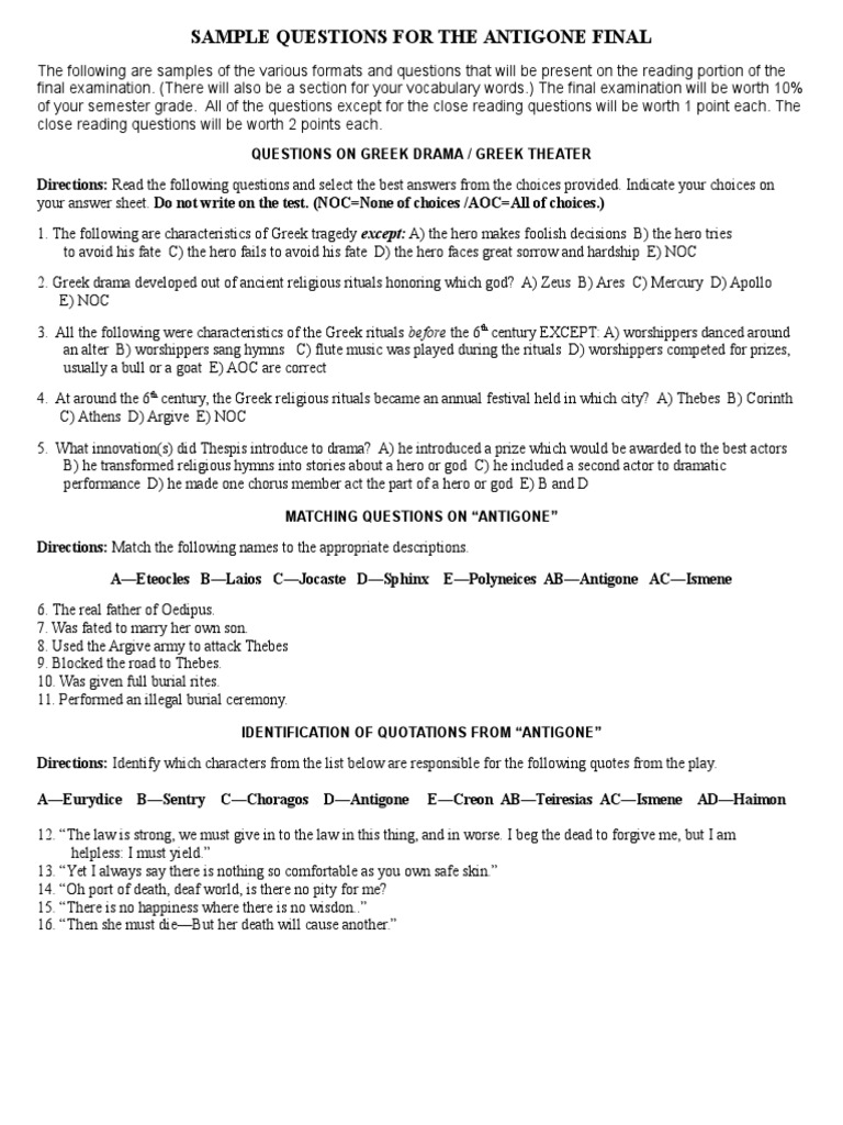 Antigone Test Practice | PDF | Boeotian Mythology | Theban Mythology