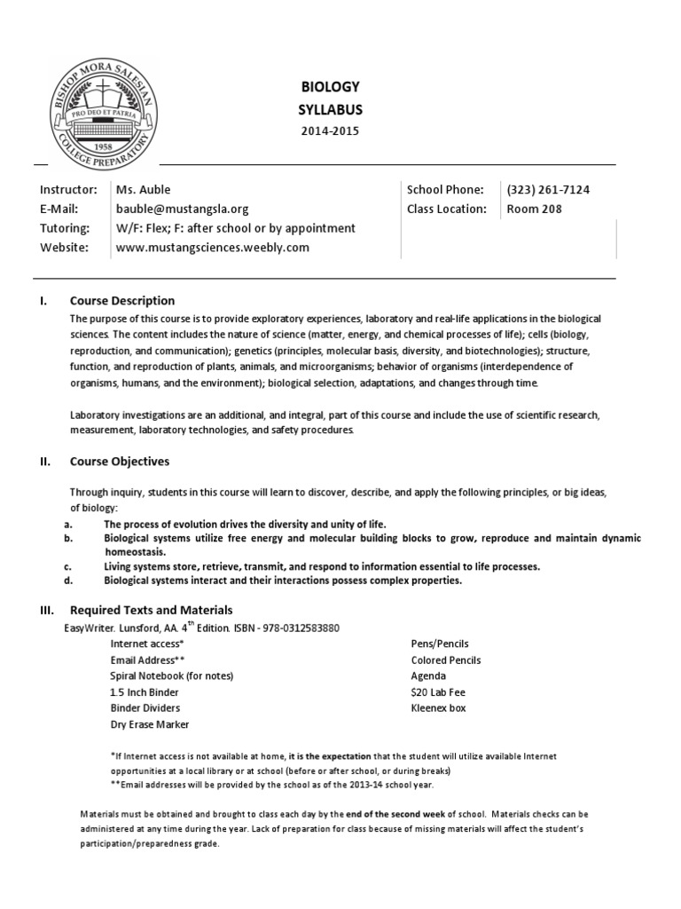 Biology Syllabus 2014-2015 | PDF | Cell (Biology) | Homework