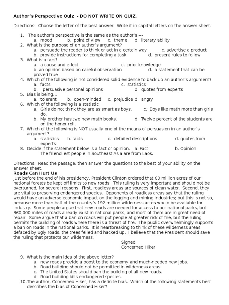 Author's Perspective Quiz | PDF | Coral Reef | Coral