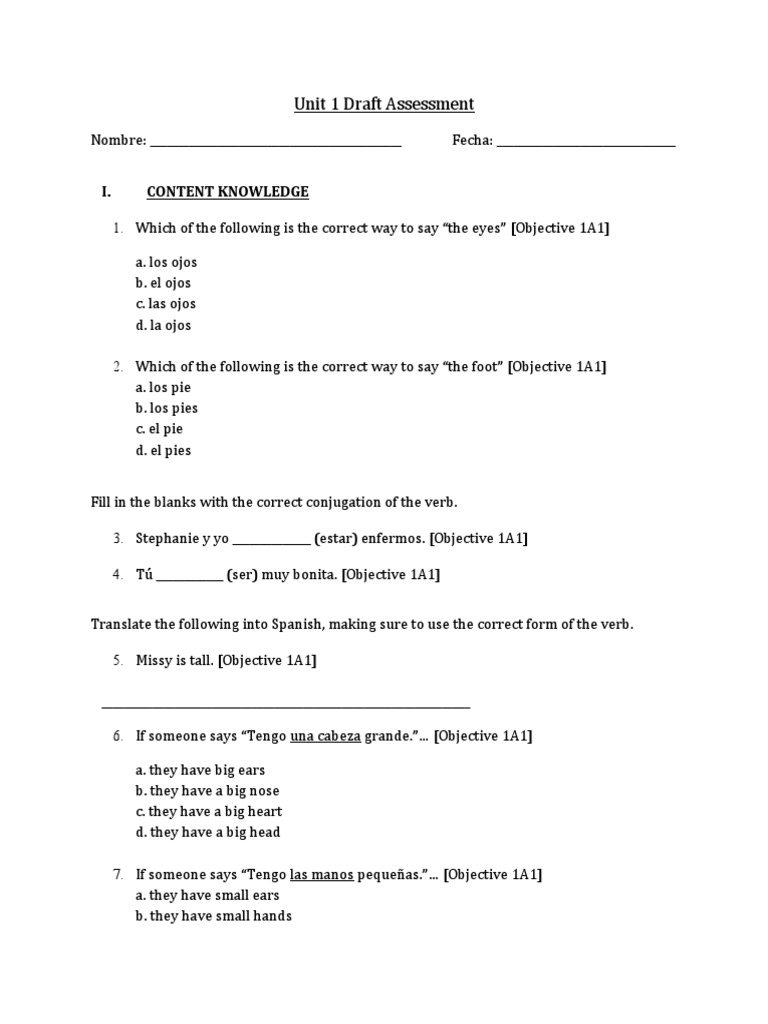 Spanish 2 Unit 1 Assessment | PDF | Linguistic Typology | Syntax