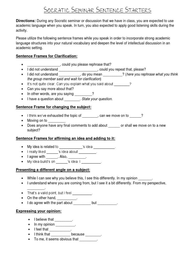 Socratic Seminar (Sentence Starters Handout) | PDF