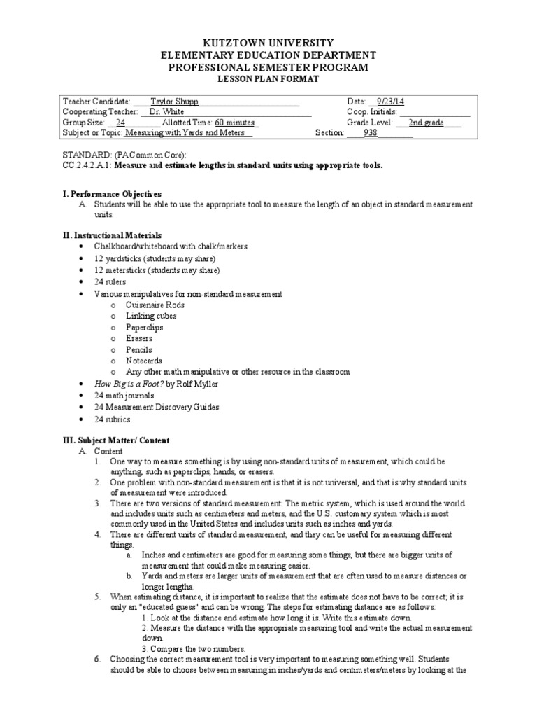 Adapted Measurement Lesson Plan | PDF | Yard | Units Of Measurement