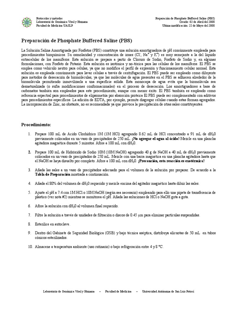 Cell Buffer PBS | PDF | Ácido clorhídrico | Solución tampón