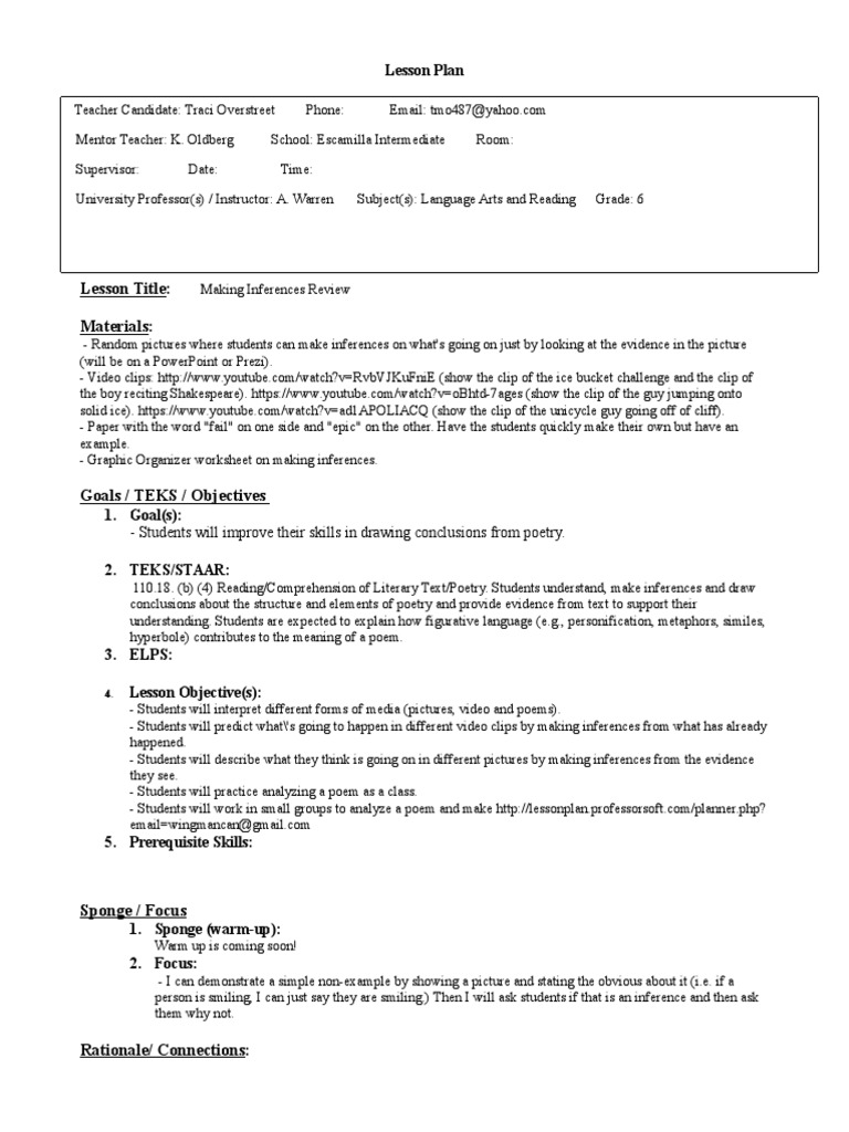 Making Inferences Lesson Plan | PDF | Reading Comprehension | Lesson Plan