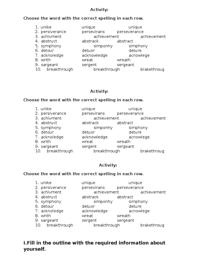 Activity: Choose The Word With The Correct Spelling in Each Row | PDF