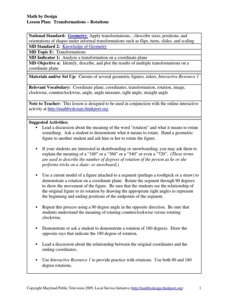TransformationsRotations LessonPlan | PDF | Angle | Coordinate System