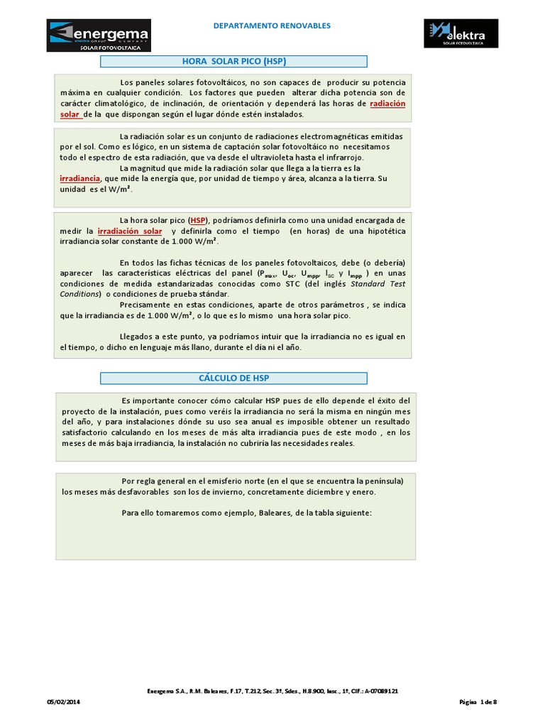 Cálculo de Hora Solar Pico (HSP) | PDF | Energía solar | Vatio