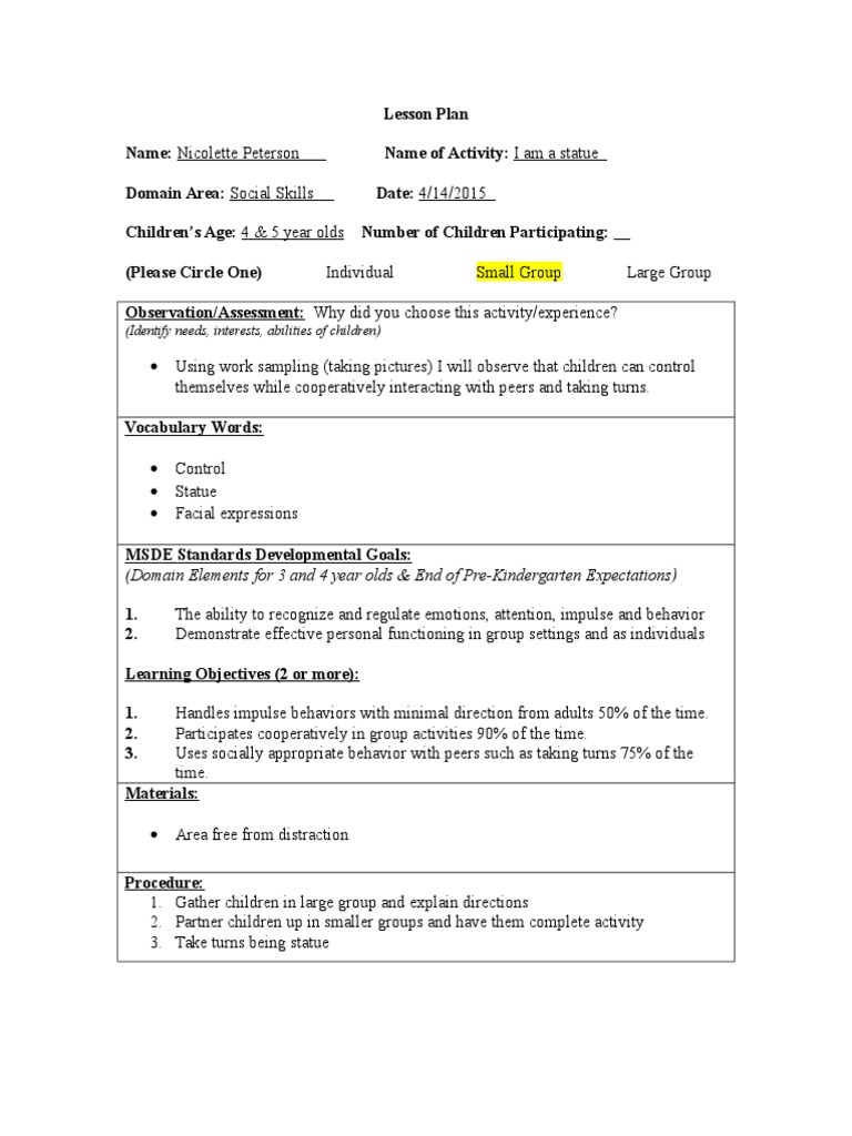 Social Skills Activity: I Am a Statue | PDF | Social Skills | Lesson Plan