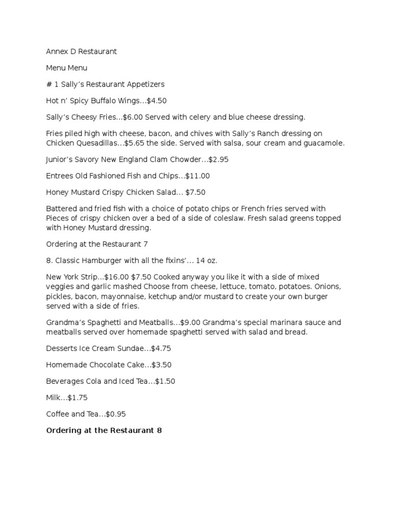 Sally's Restaurant Menu Highlights | PDF | Cooking, Food & Wine