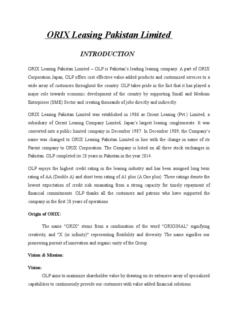 History of ORIX Leasing Pakistan Limited | PDF | Renting | Islamic ...