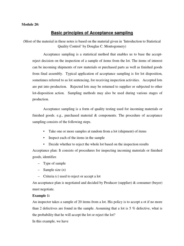 Acceptance Sampling Principles and Plans | PDF