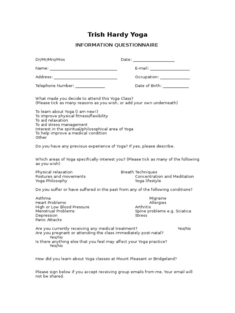 Yoga Questionnaire For Yoga Students | PDF | Self-Improvement