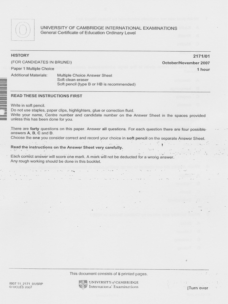 O/N/07 History O Level Paper I