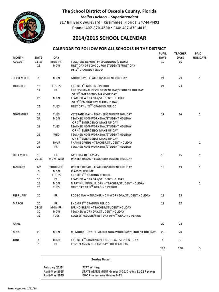 2014/2015 SCHOOL CALENDAR: The School District of Osceola County ...