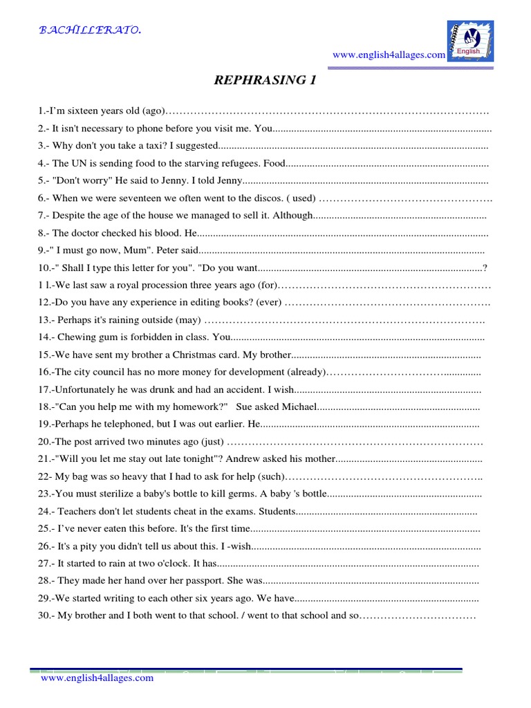 Rephrasing Exercises for 1st Bachillerato | PDF