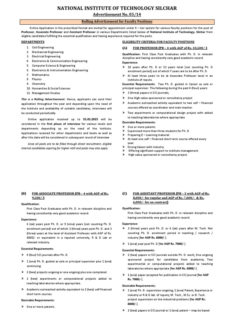 Rolling Advt For Faculty Positions 05 14 | PDF | Doctor Of Philosophy | Engineering
