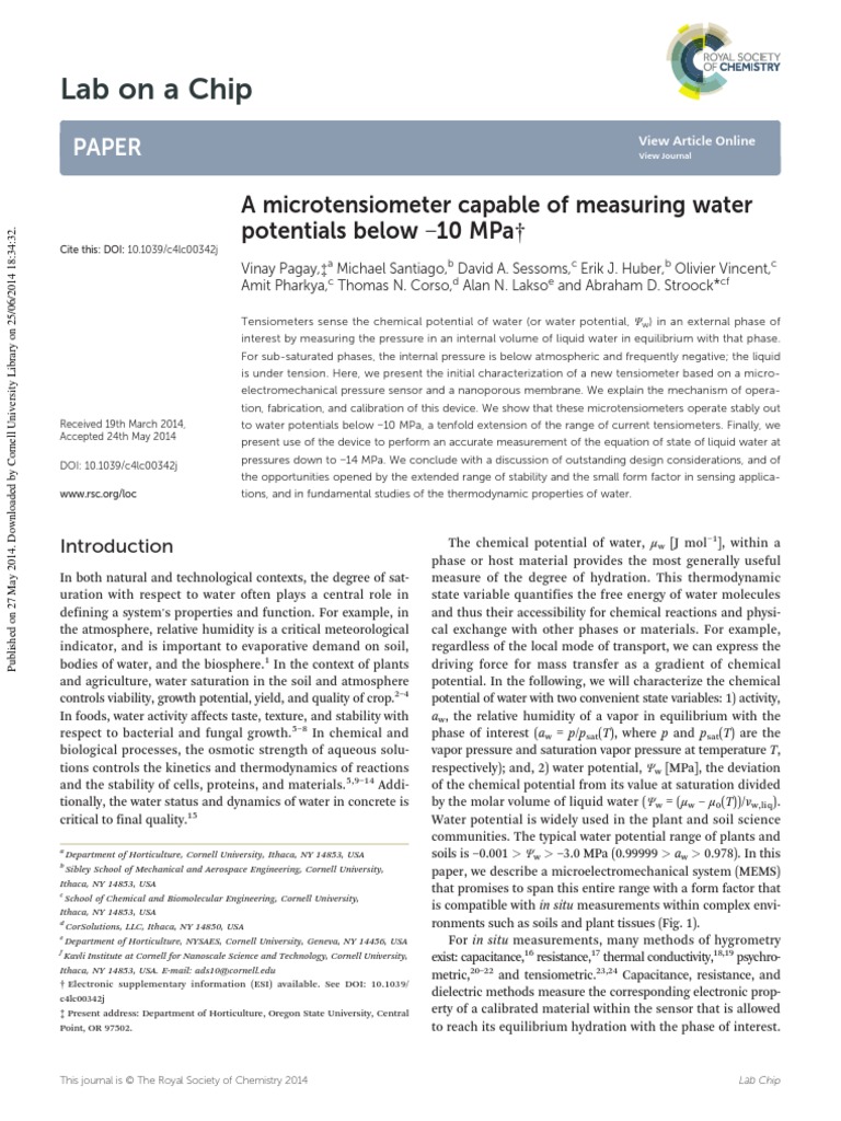 A Microtensiometer Capable of Measuring Water Potentials Below - 10 MPa. - Pagay Et Al. - Lab On ...