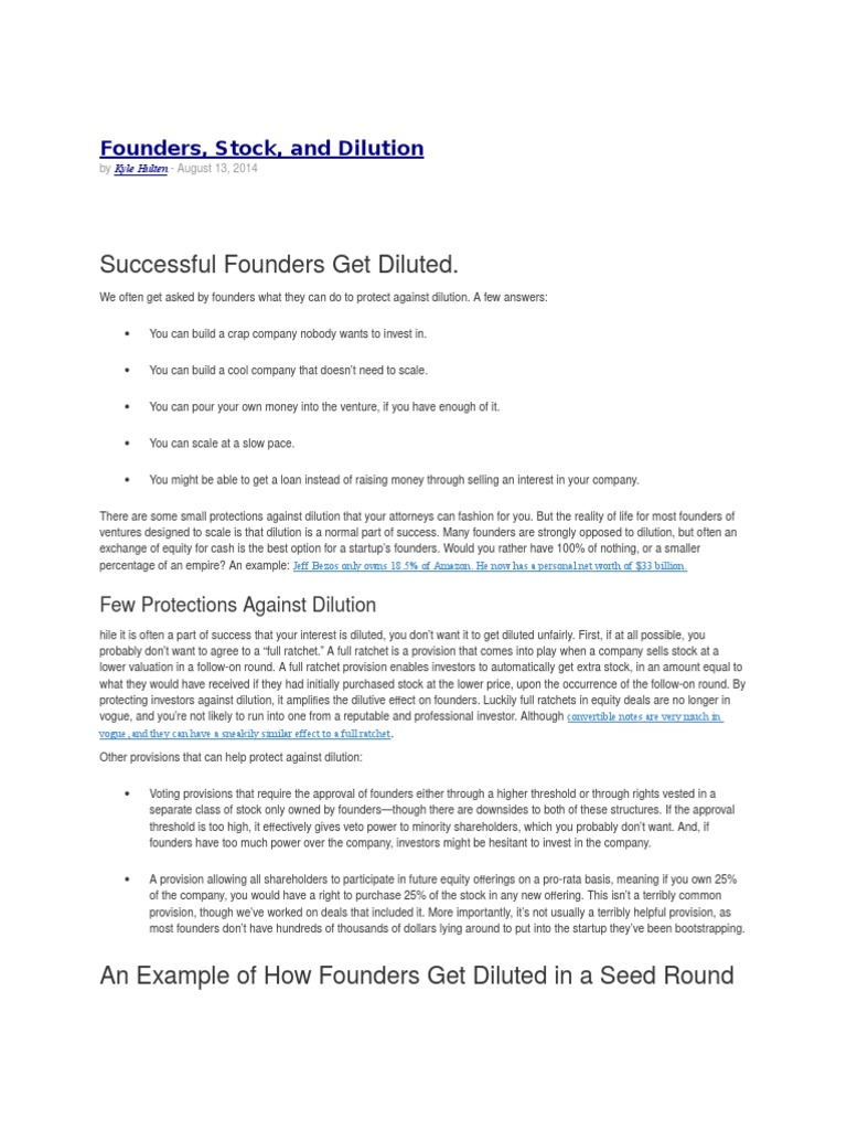 Founders' Guide to Stock Dilution Risks | PDF | Stocks | Business Economics