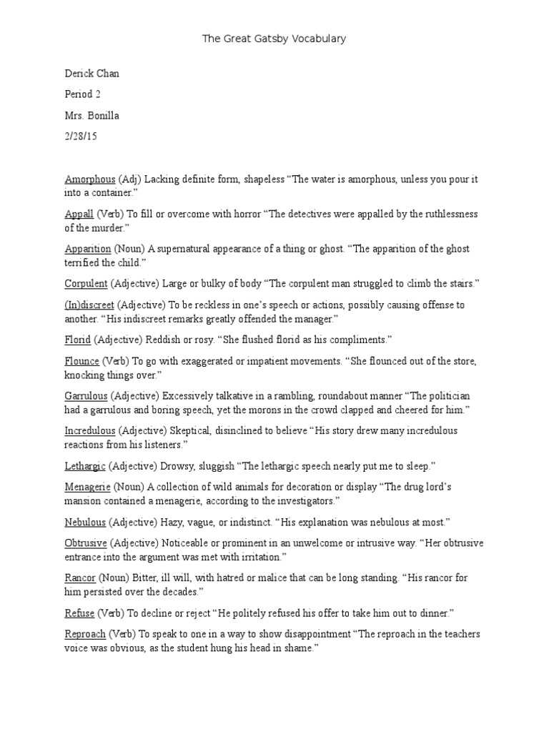 The Great Gatsby Vocabulary Key Terms | PDF | Adjective | Linguistic ...