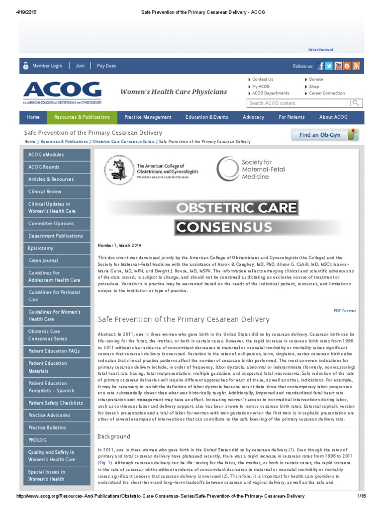Safe Prevention of the Primary Cesarean Delivery - ACOG | Caesarean ...