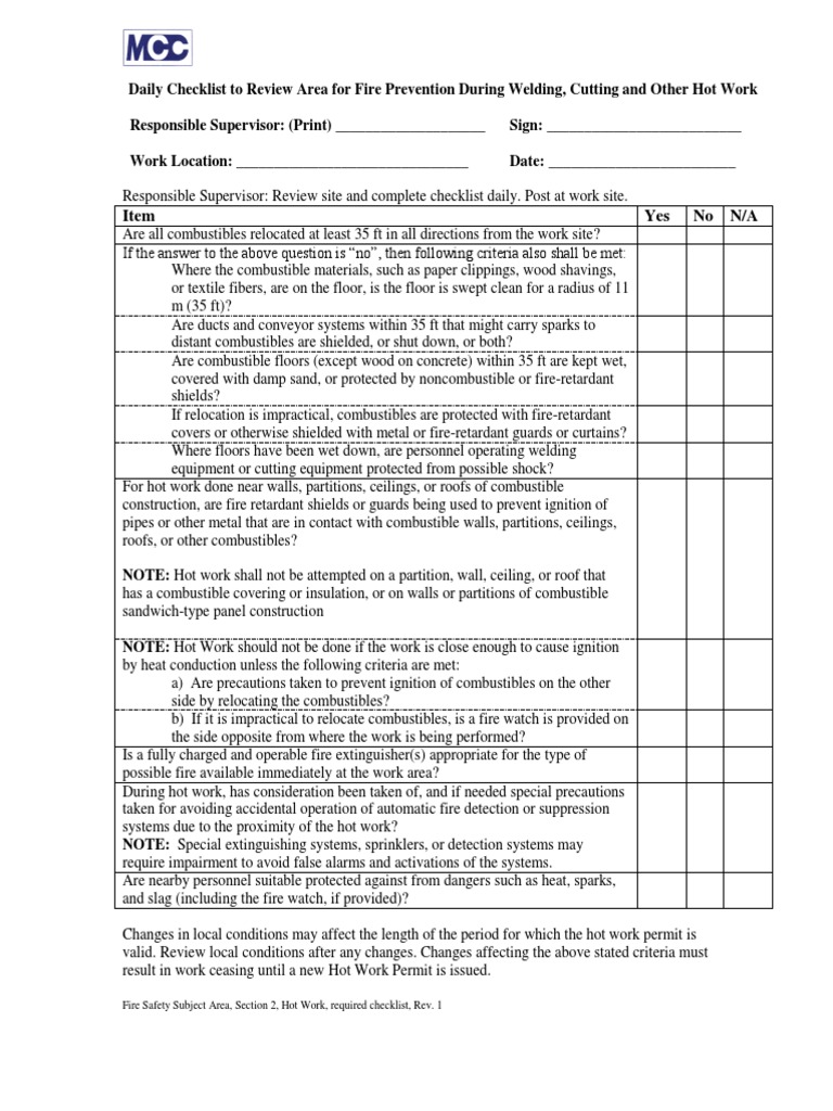 Item Yes No N/A: Fire Safety Subject Area, Section 2, Hot Work ...
