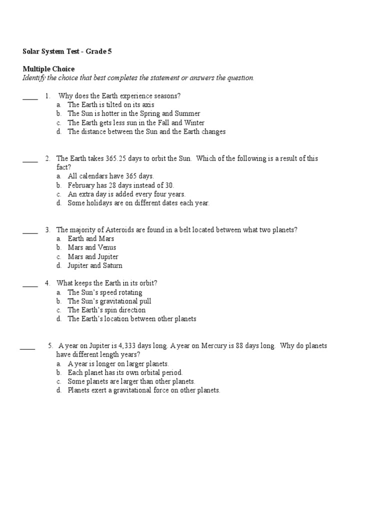 Solar System Test | PDF | Planets | Moon