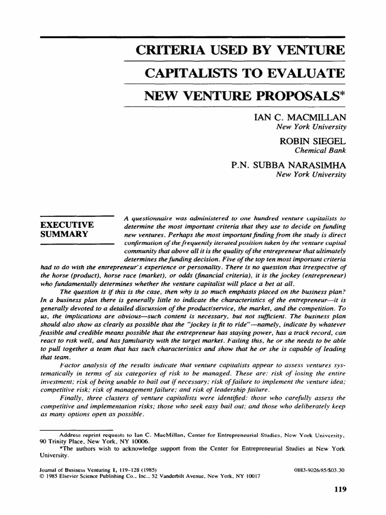 Criteria Used by Venture Capitalists To Evaluate New Venture Proposals ...