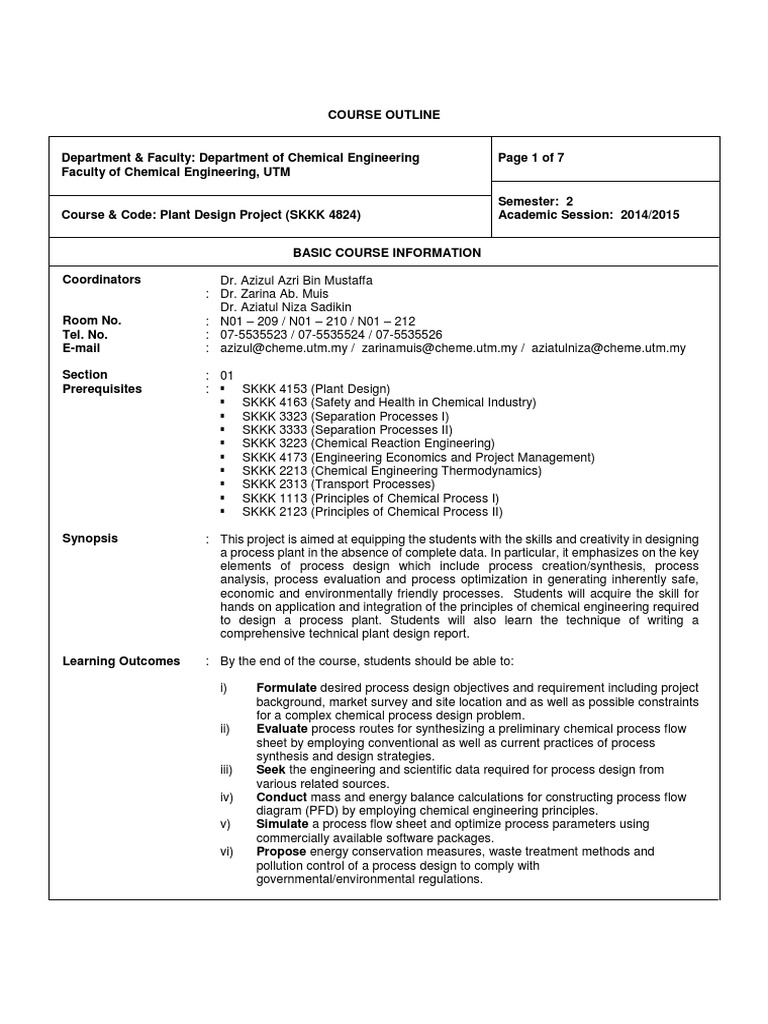 Course Outline - Plant Design Project SKKK 4824 1415-2 | Download Free ...