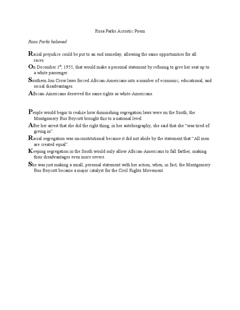 Acrostic Poem: Rosa Parks' Legacy | PDF | Rosa Parks | Racial ...