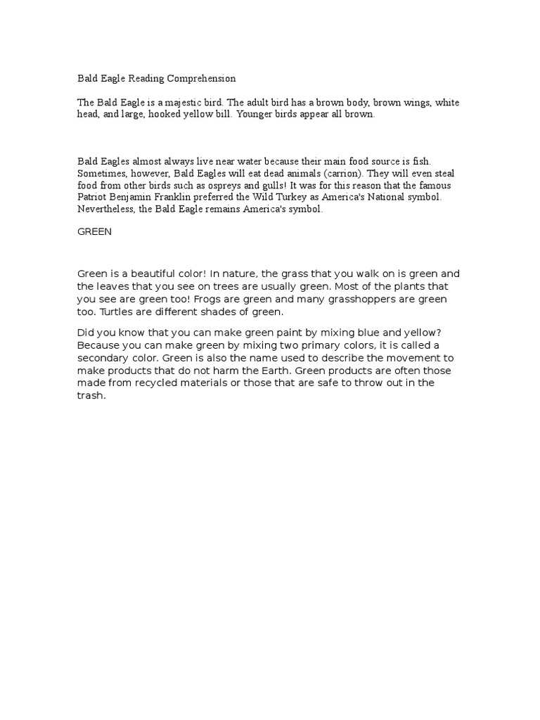 Bald Eagle Reading Comprehension | PDF | Verde | Tecnicas artisticas