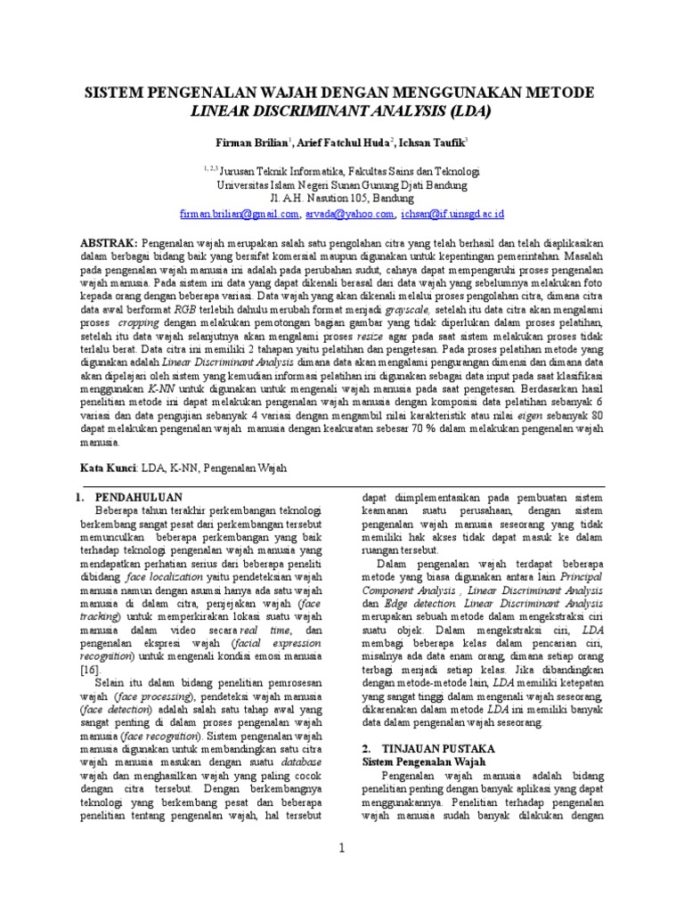 Sistem Pengenalan Wajah Dengan Menggunakan Metode Linear Discriminant ...